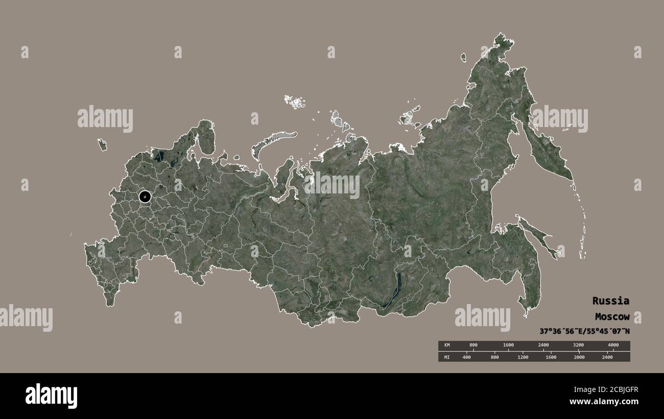 Desaturated shape of Russia with its capital, main regional division ...