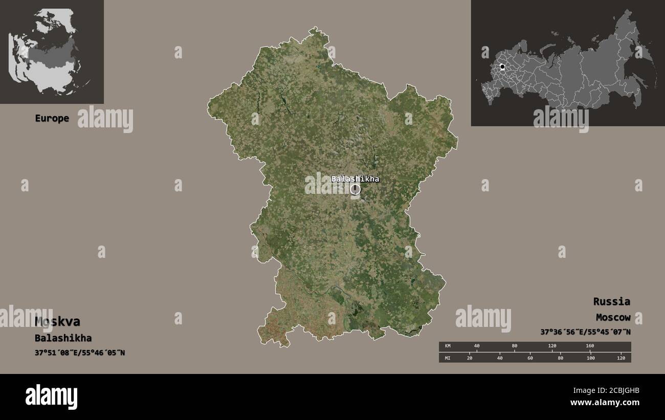 Shape of Moskva, region of Russia, and its capital. Distance scale ...