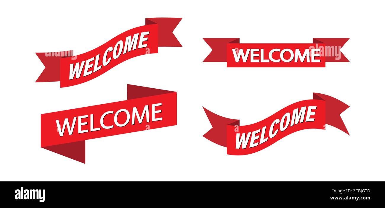 Set of Red ribbon with welcome sign for banner, sticker and label ...