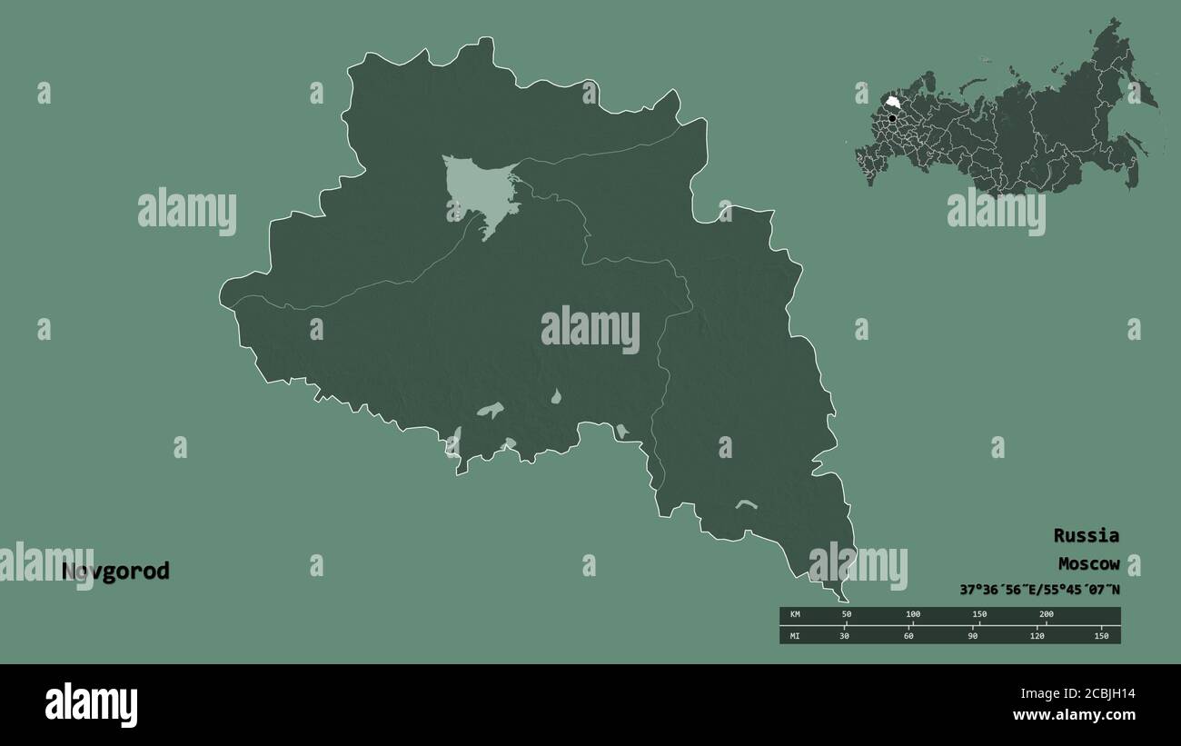 Shape of Novgorod, region of Russia, with its capital isolated on solid ...