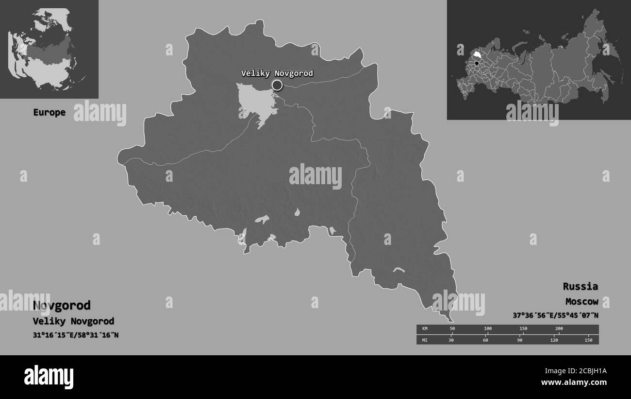 Shape of Novgorod, region of Russia, and its capital. Distance scale ...