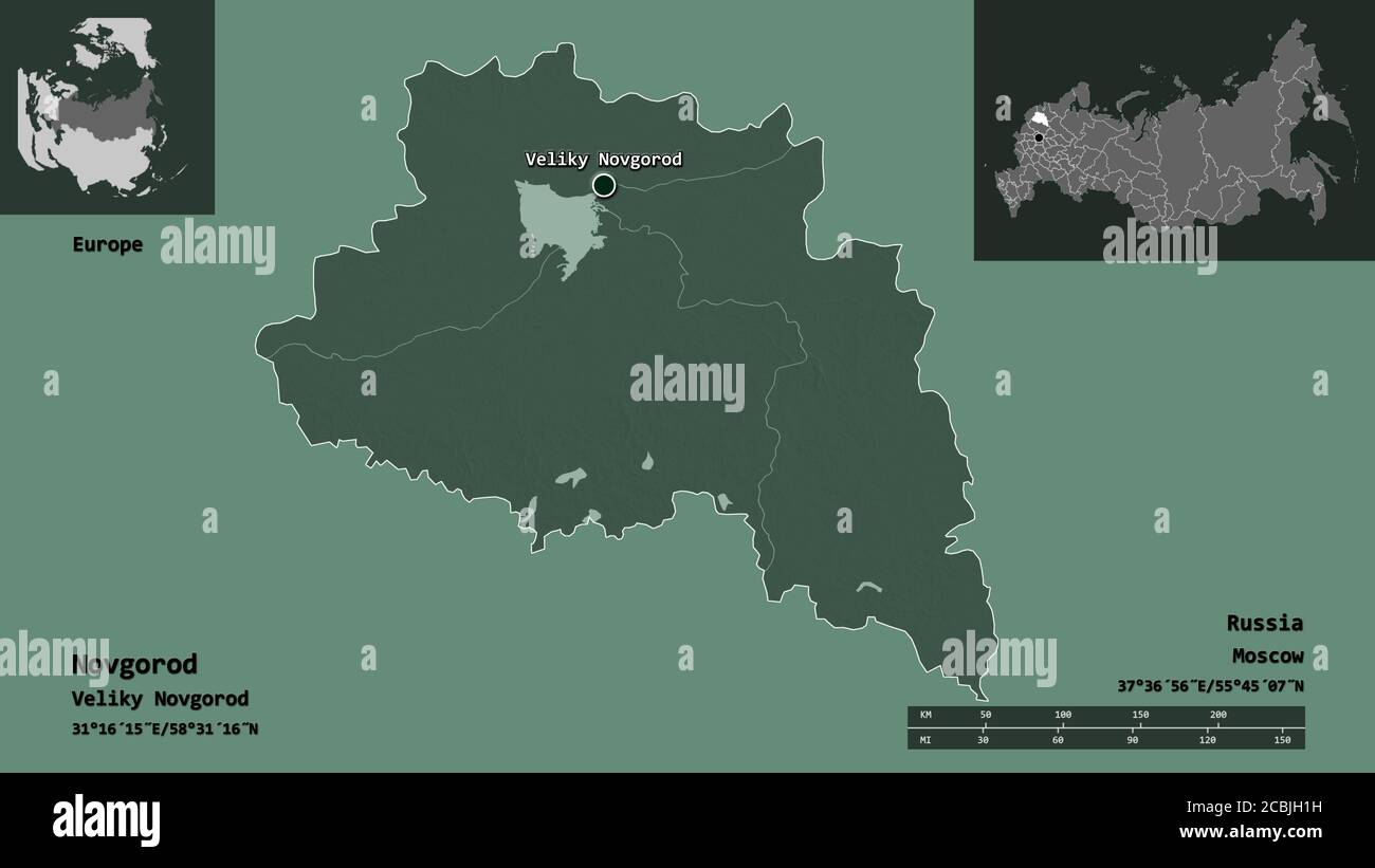 Shape of Novgorod, region of Russia, and its capital. Distance scale ...