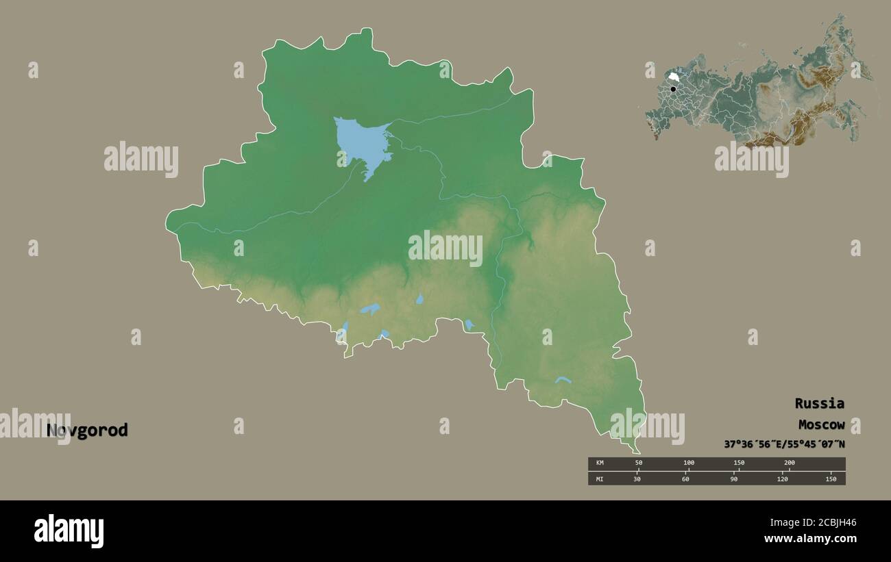 Shape of Novgorod, region of Russia, with its capital isolated on solid ...