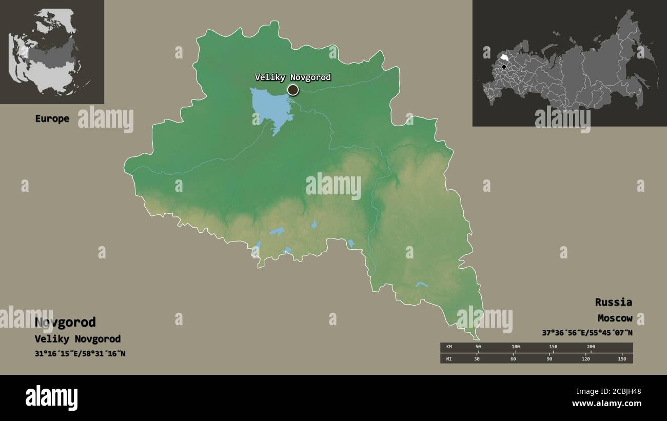 Shape of Novgorod, region of Russia, and its capital. Distance scale ...