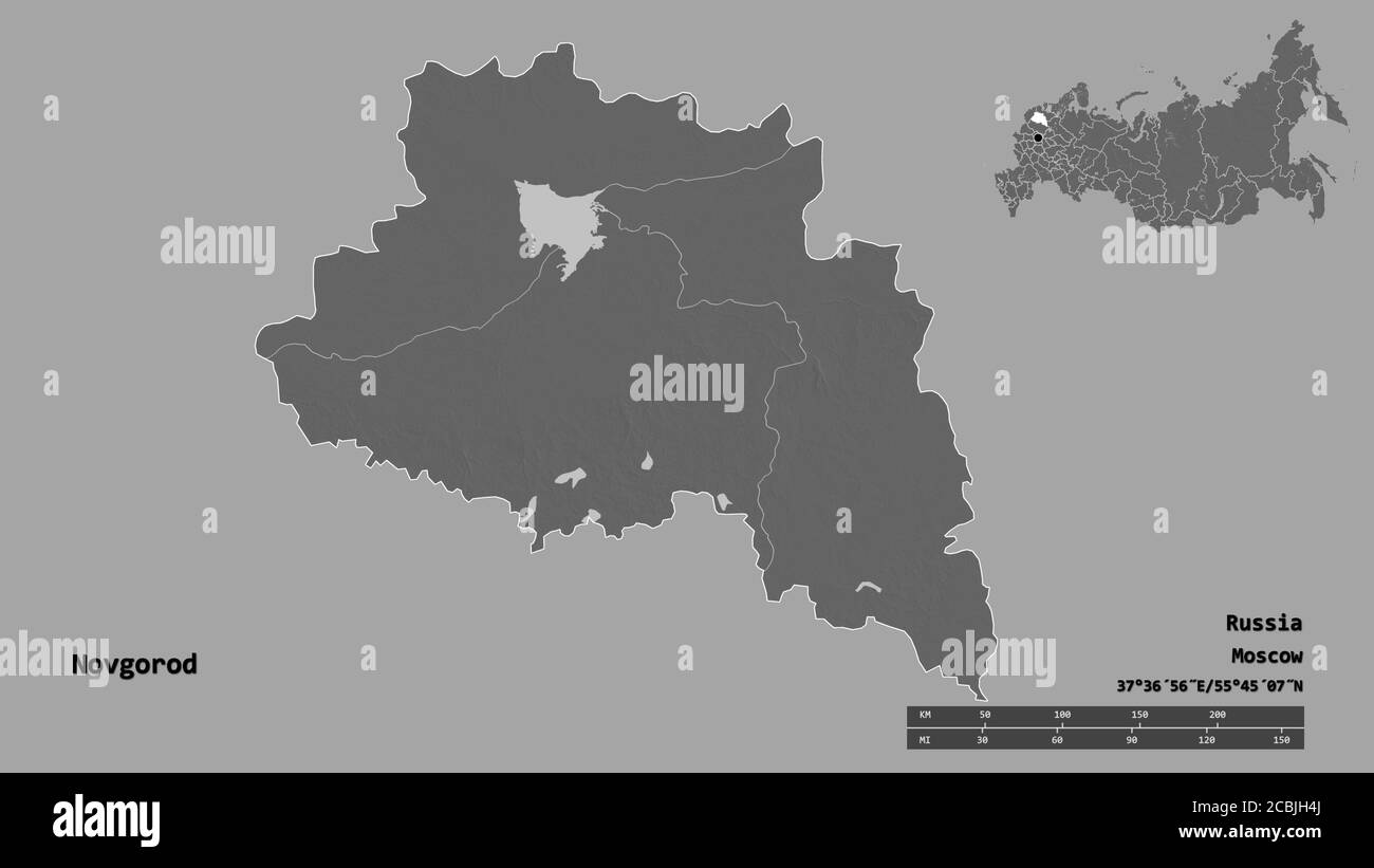 Shape of Novgorod, region of Russia, with its capital isolated on solid ...