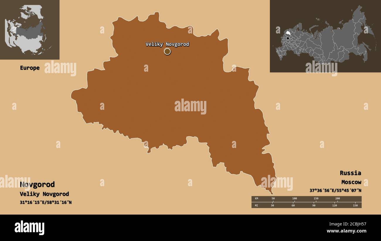Shape of Novgorod, region of Russia, and its capital. Distance scale ...