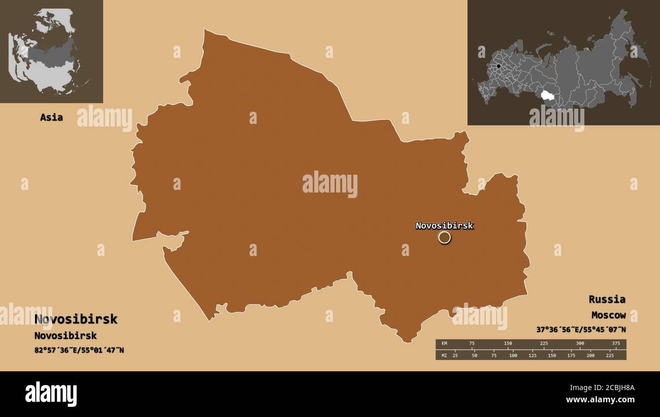 Shape of Novosibirsk, region of Russia, and its capital. Distance scale ...