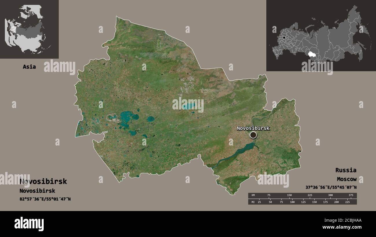 Shape of Novosibirsk, region of Russia, and its capital. Distance scale ...