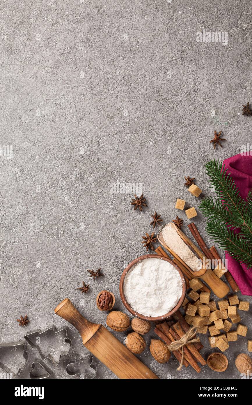 Christmas baking background with Ingredients for cooking xmas baking ...