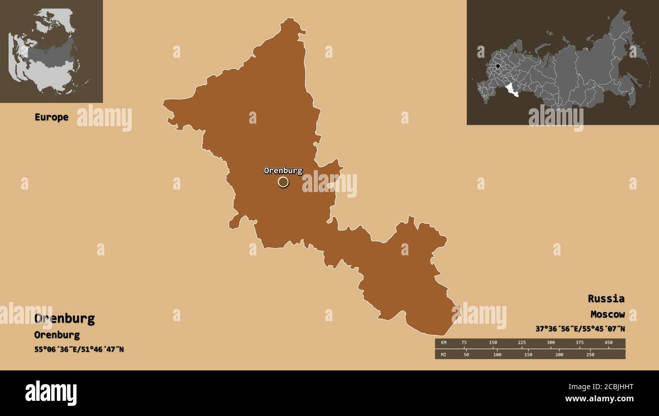 Shape of Orenburg, region of Russia, and its capital. Distance scale ...