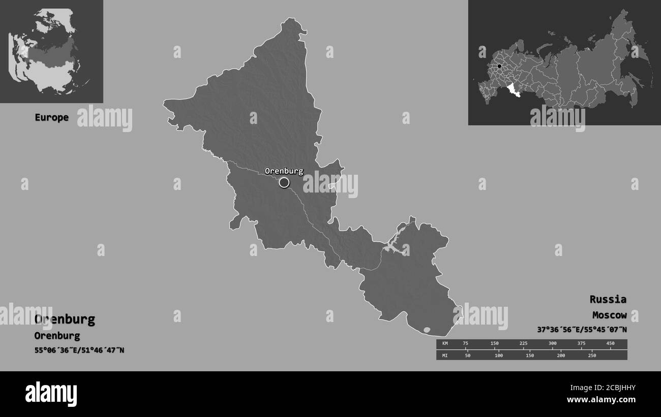 Shape of Orenburg, region of Russia, and its capital. Distance scale ...