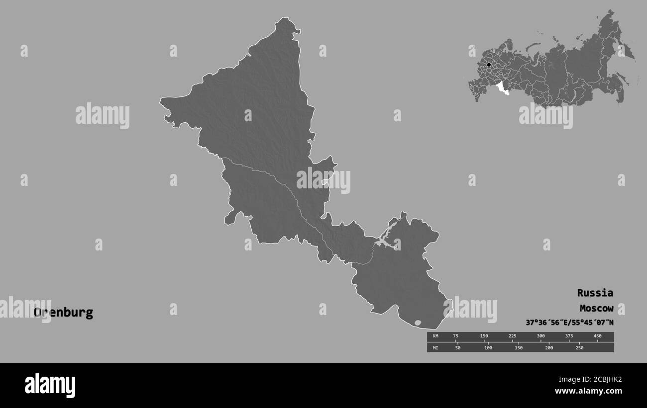Shape of Orenburg, region of Russia, with its capital isolated on solid ...