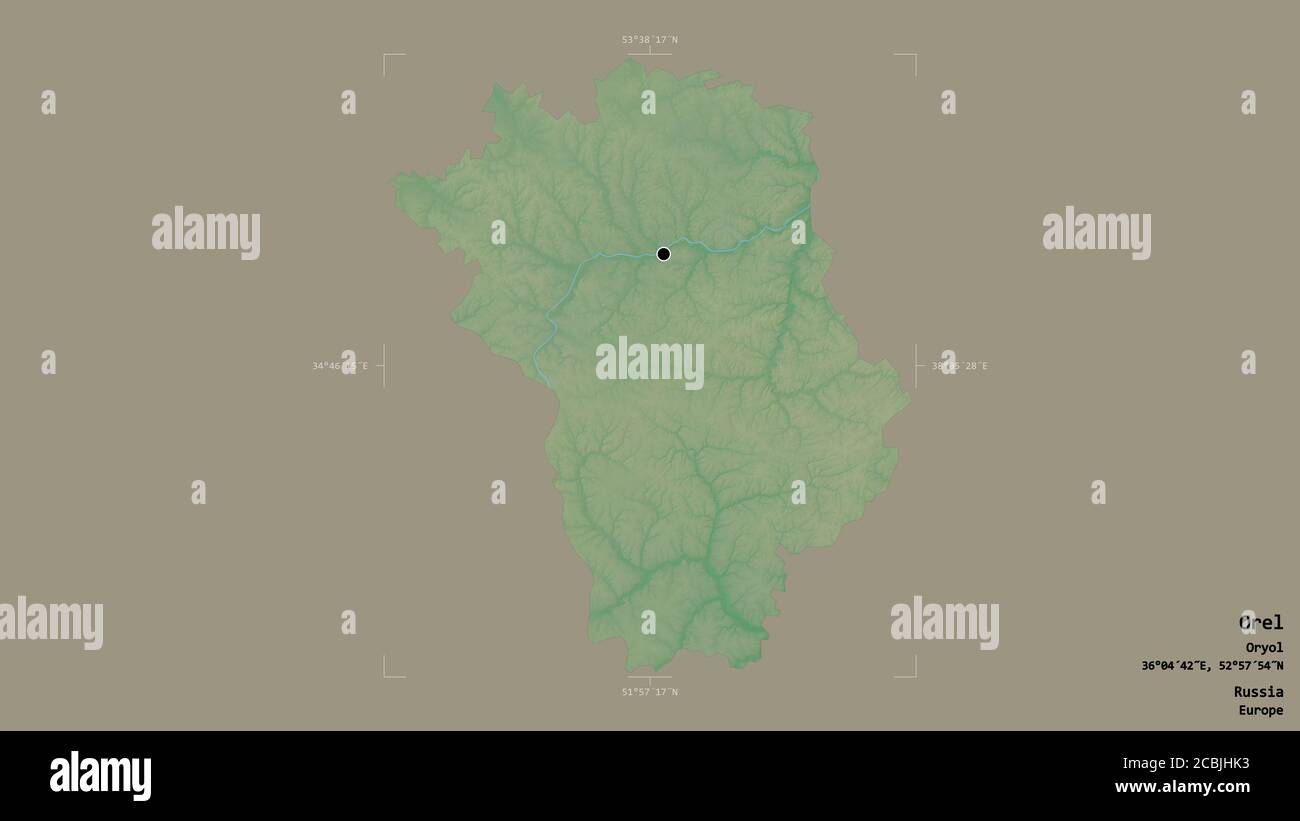 Area of Orel, region of Russia, isolated on a solid background in a ...