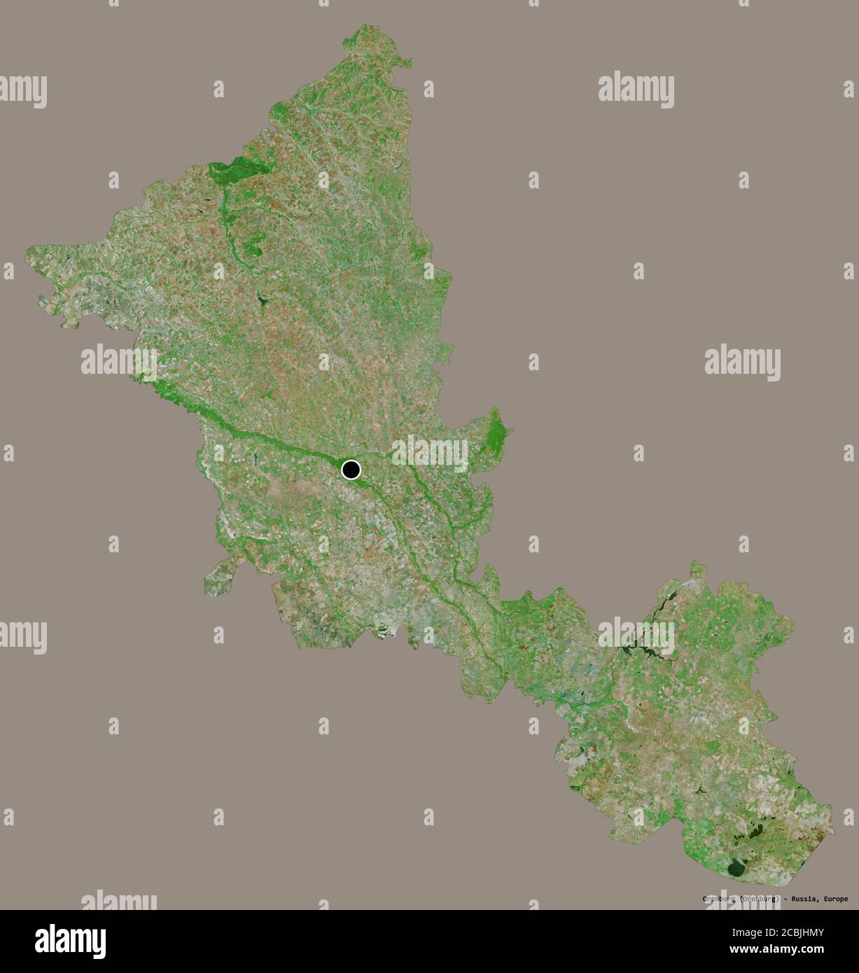 Shape of Orenburg, region of Russia, with its capital isolated on a ...