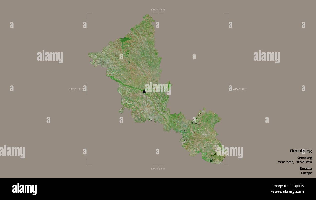 Area of Orenburg, region of Russia, isolated on a solid background in a ...