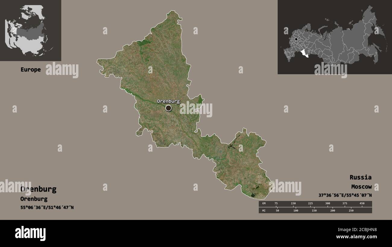 Shape of Orenburg, region of Russia, and its capital. Distance scale ...