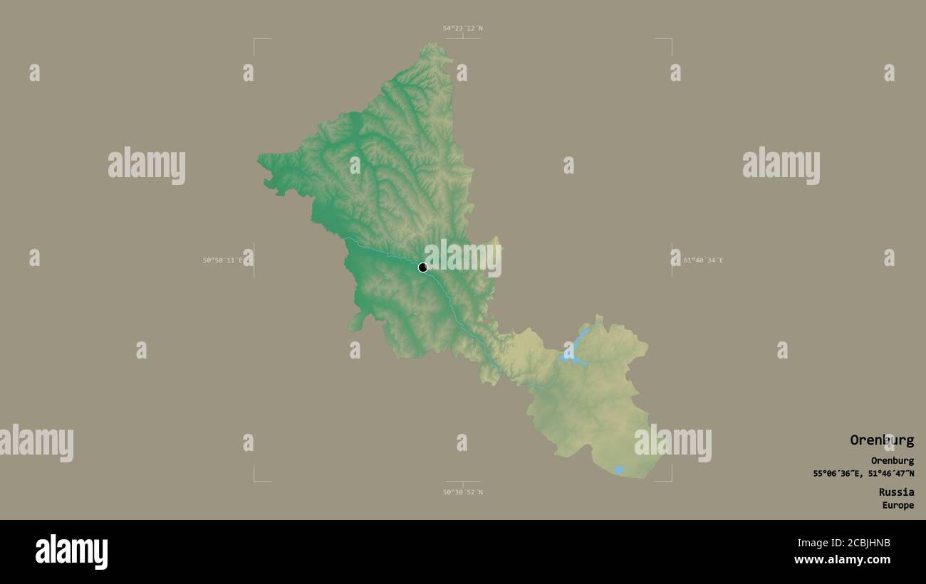 Area of Orenburg, region of Russia, isolated on a solid background in a ...