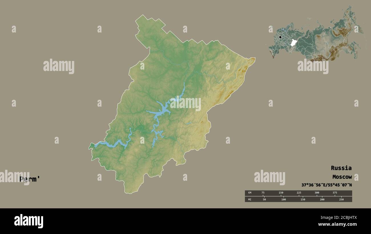 Shape of Perm', territory of Russia, with its capital isolated on solid ...