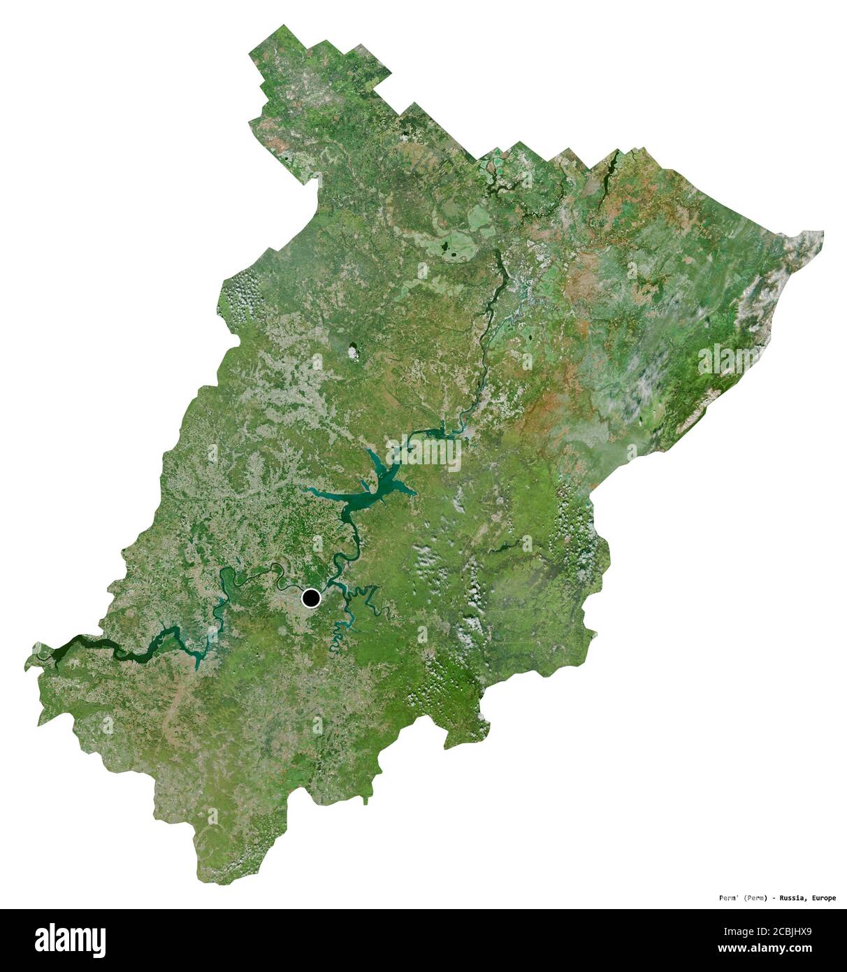 Shape of Perm', territory of Russia, with its capital isolated on white ...