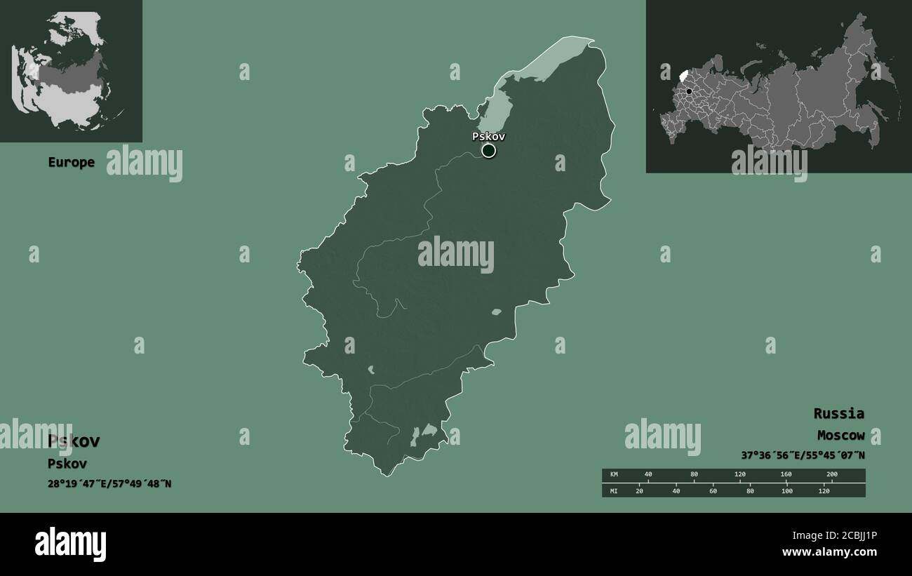 Shape of Pskov, region of Russia, and its capital. Distance scale ...