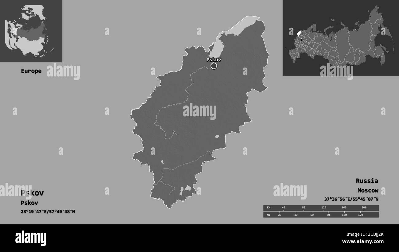 Shape of Pskov, region of Russia, and its capital. Distance scale ...