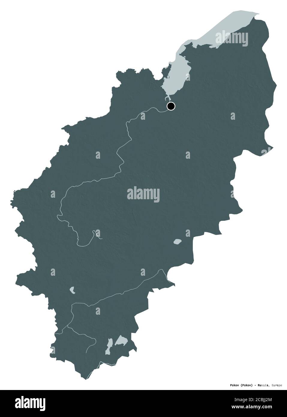 Shape of Pskov, region of Russia, with its capital isolated on white ...