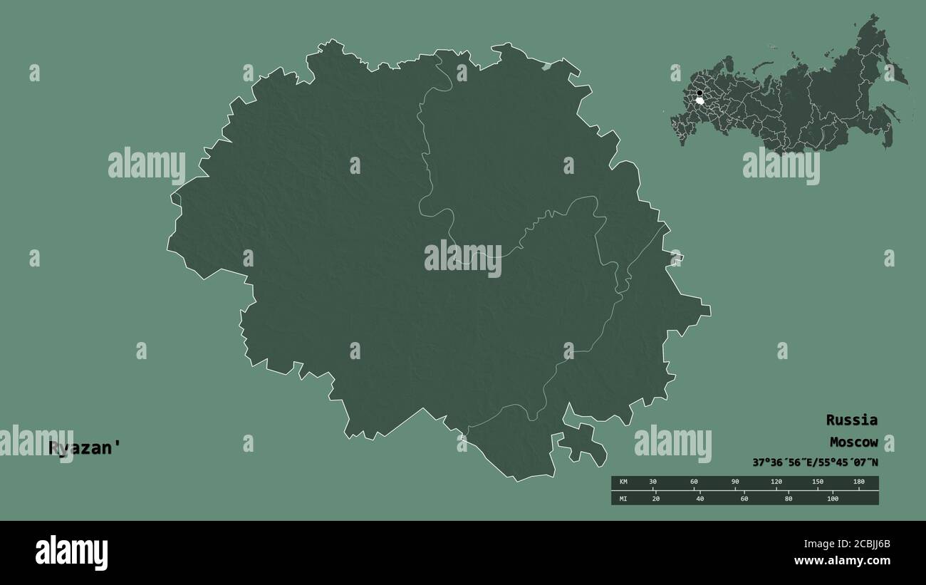 Shape of Ryazan', region of Russia, with its capital isolated on solid ...