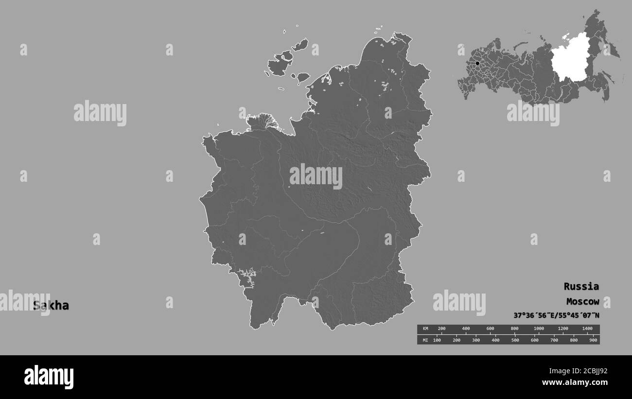 Shape of Sakha, republic of Russia, with its capital isolated on solid ...