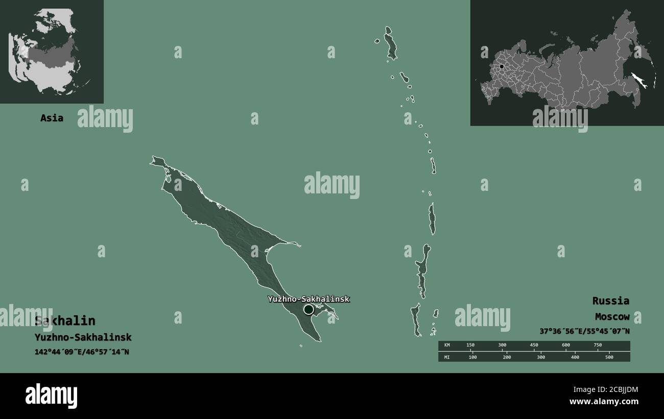 Shape of Sakhalin, region of Russia, and its capital. Distance scale ...