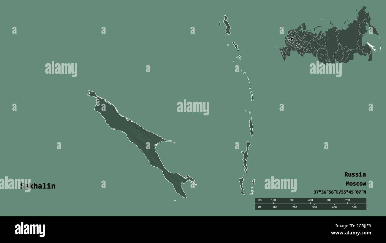 Shape of Sakhalin, region of Russia, with its capital isolated on solid ...
