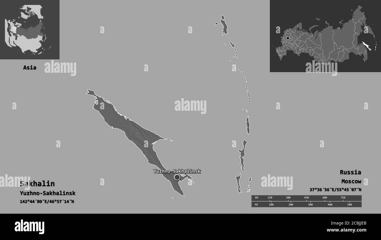 Shape of Sakhalin, region of Russia, and its capital. Distance scale ...