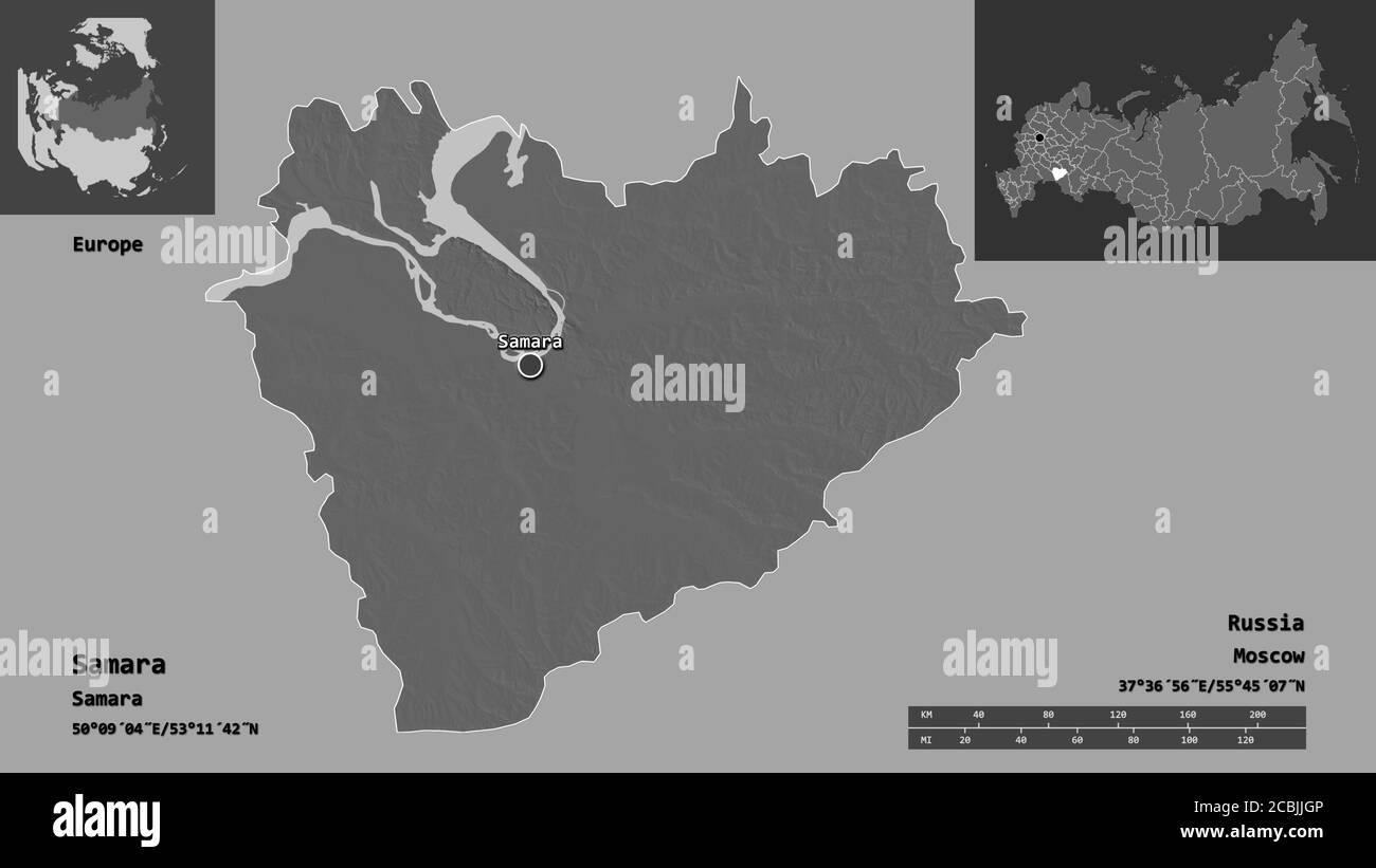 Shape of Samara, region of Russia, and its capital. Distance scale ...