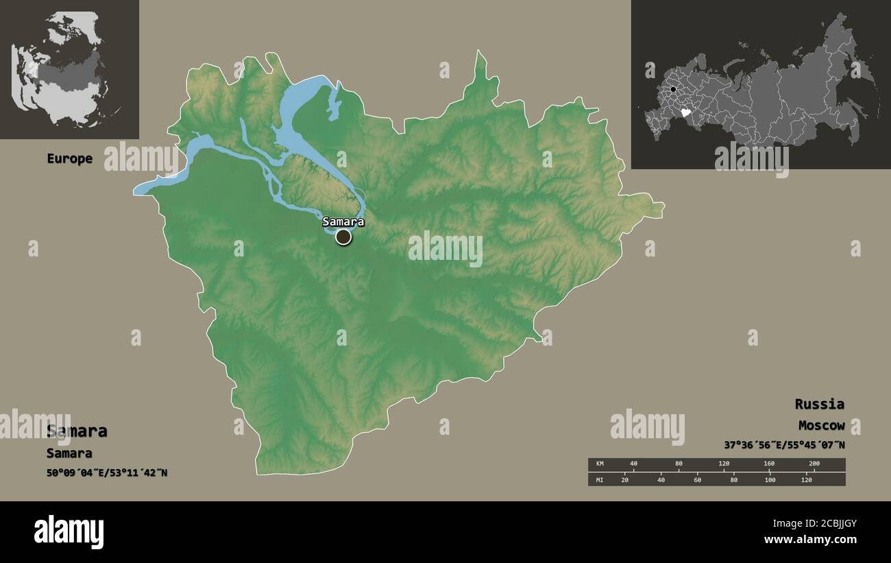 Shape of Samara, region of Russia, and its capital. Distance scale ...