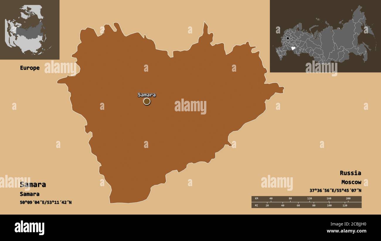 Shape of Samara, region of Russia, and its capital. Distance scale ...