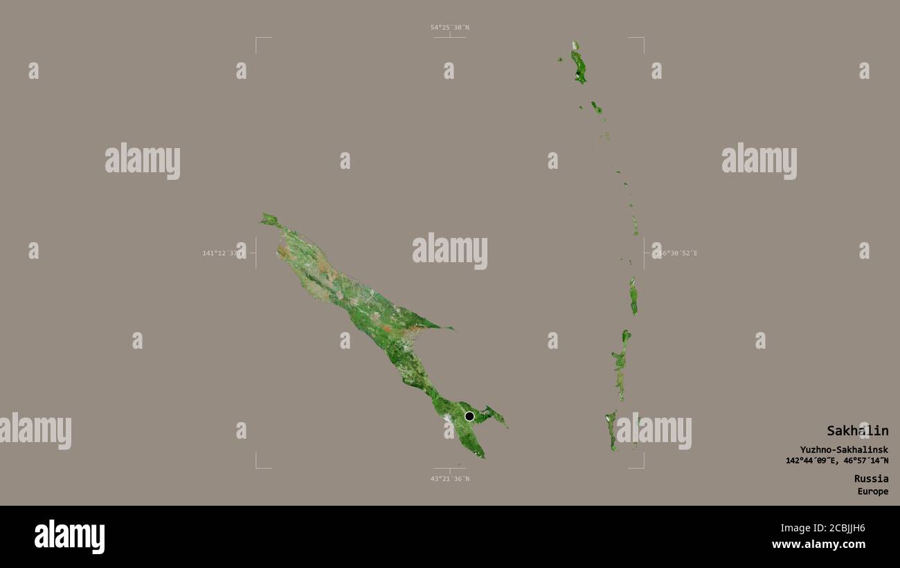 Area of Sakhalin, region of Russia, isolated on a solid background in a ...