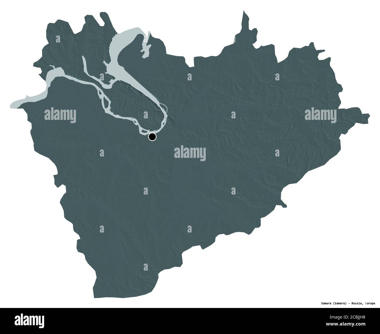 Shape of Samara, region of Russia, with its capital isolated on white ...