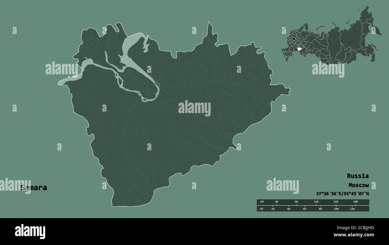 Shape of Samara, region of Russia, with its capital isolated on solid ...