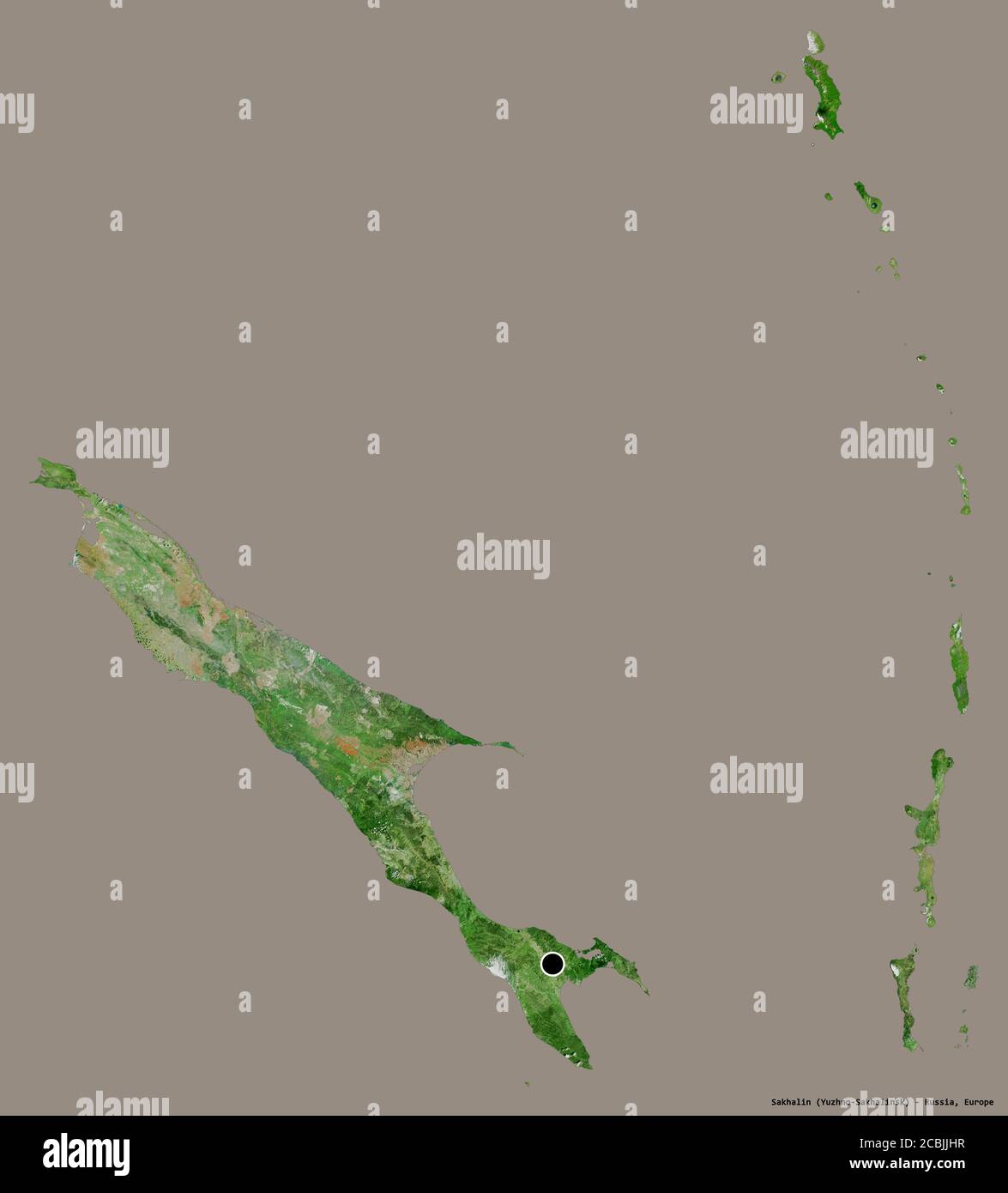Shape of Sakhalin, region of Russia, with its capital isolated on a ...
