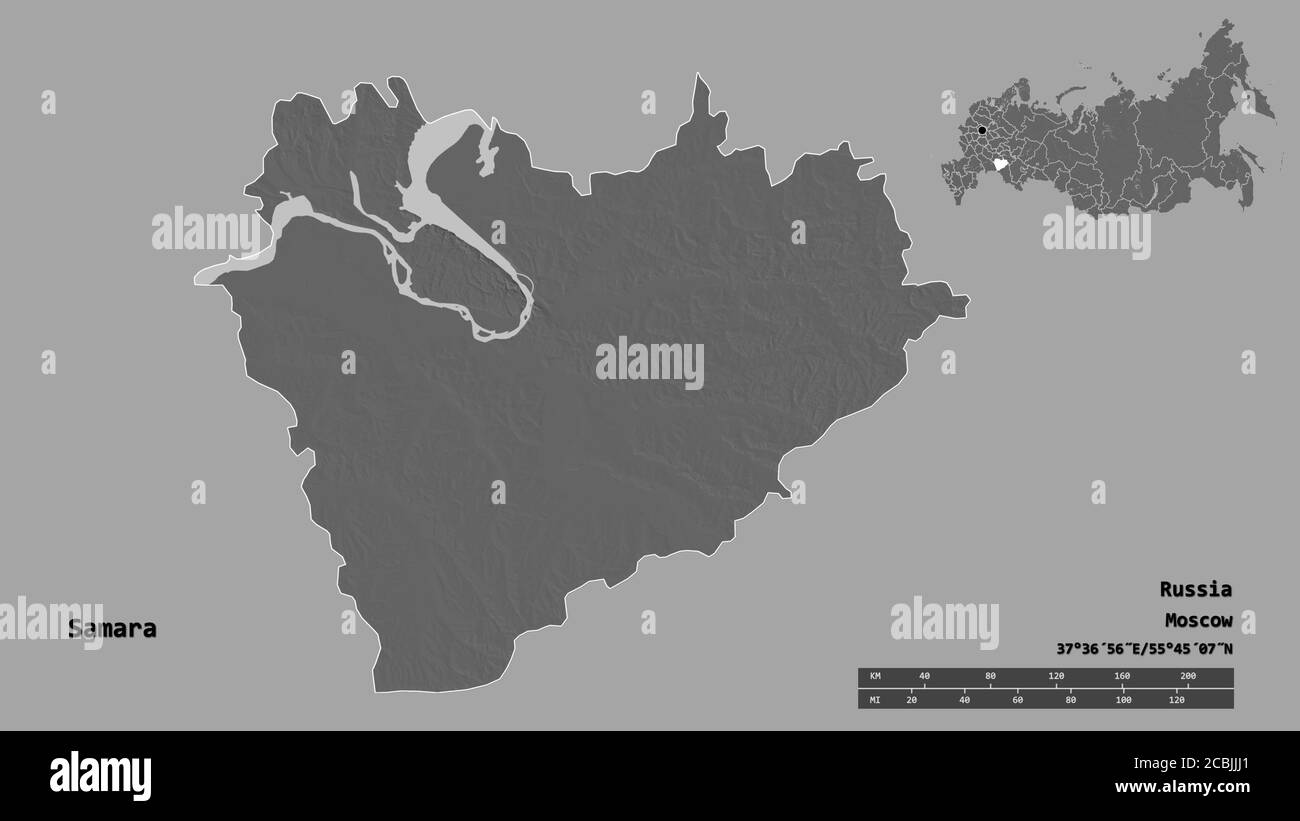 Shape of Samara, region of Russia, with its capital isolated on solid ...