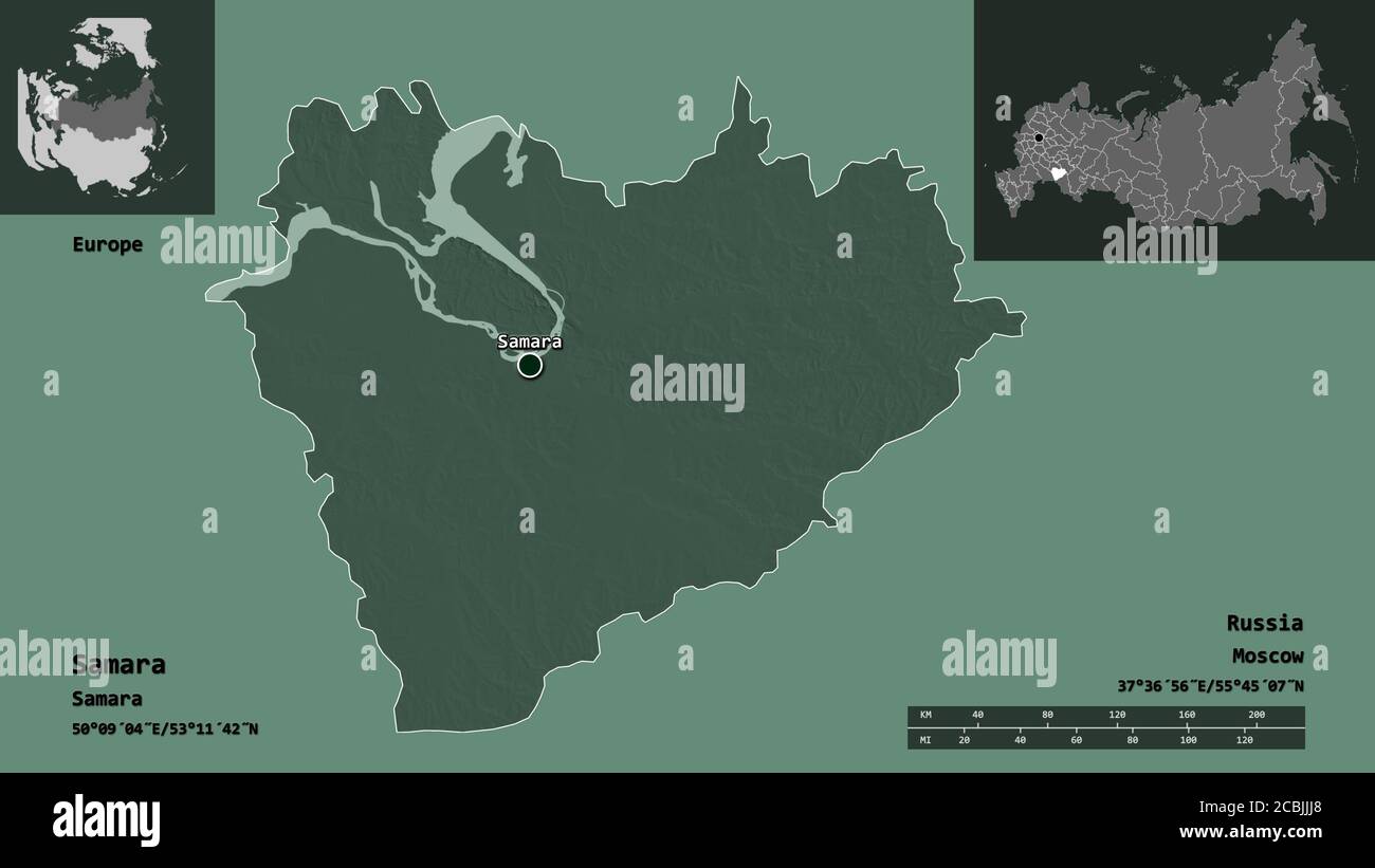 Shape of Samara, region of Russia, and its capital. Distance scale ...