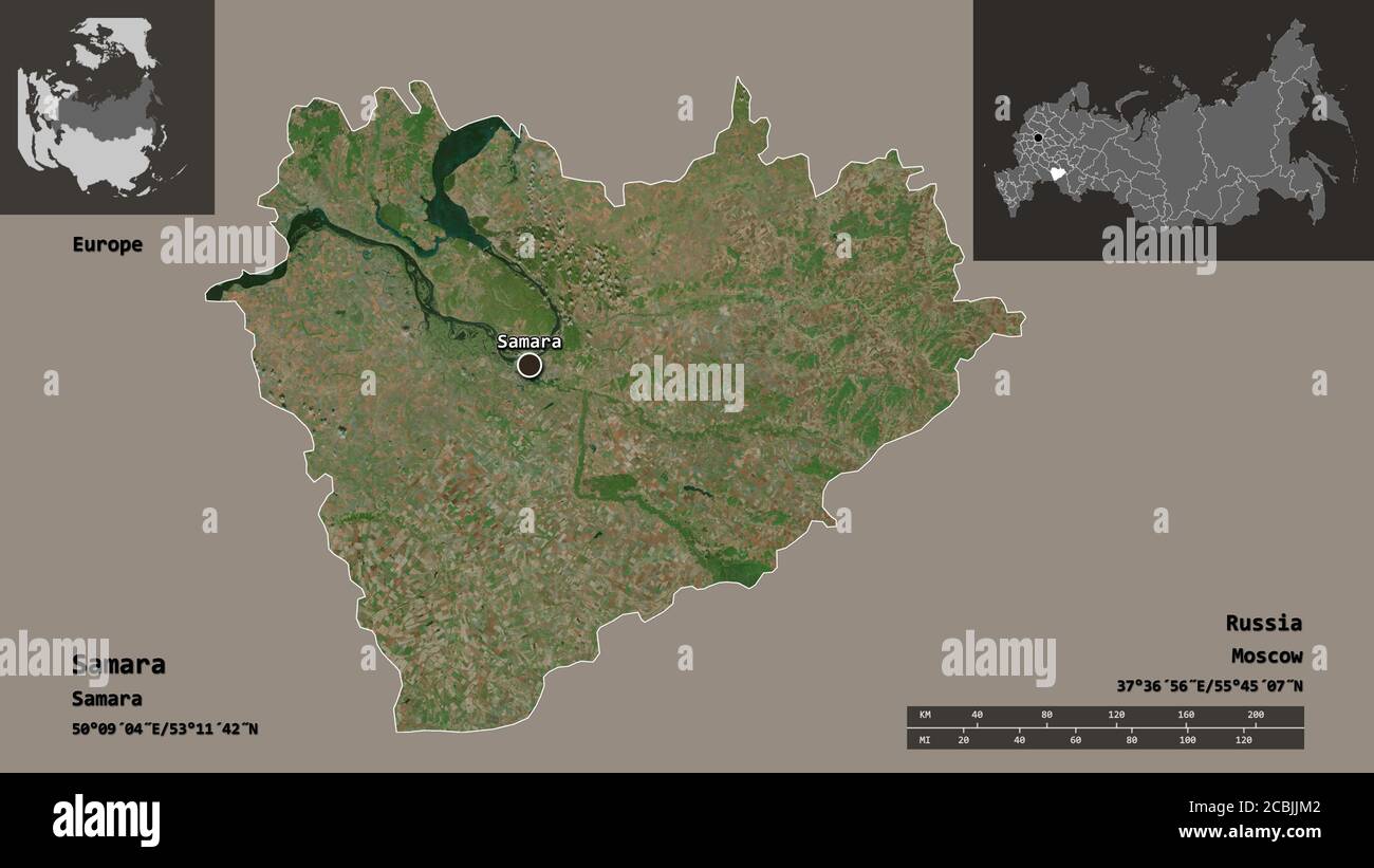Shape of Samara, region of Russia, and its capital. Distance scale ...
