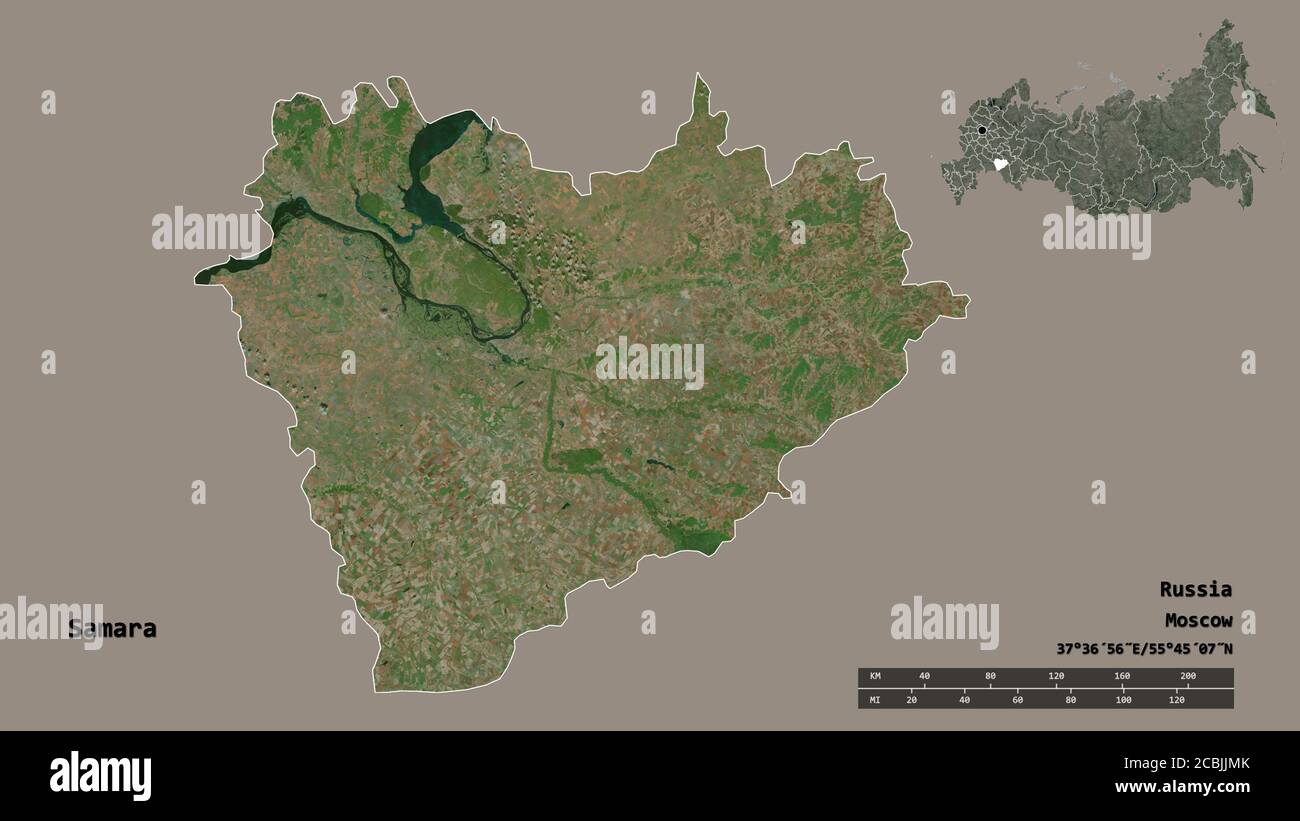 Shape of Samara, region of Russia, with its capital isolated on solid ...