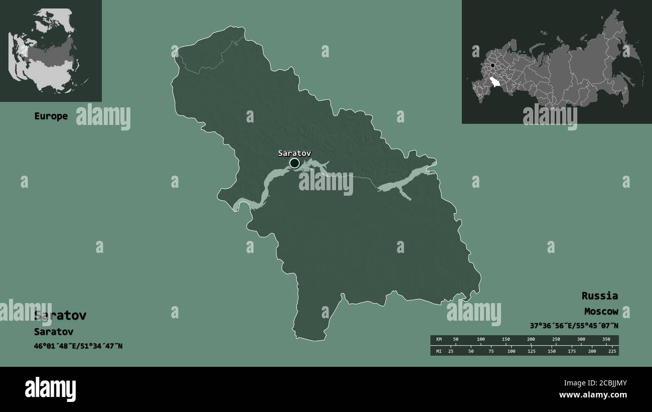 Shape of Saratov, region of Russia, and its capital. Distance scale ...