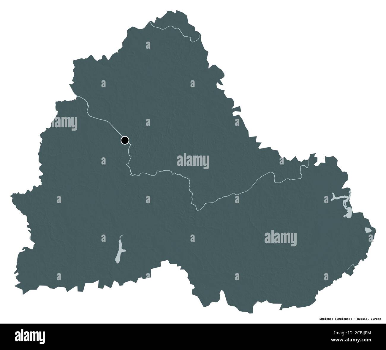 Shape of Smolensk, region of Russia, with its capital isolated on white ...
