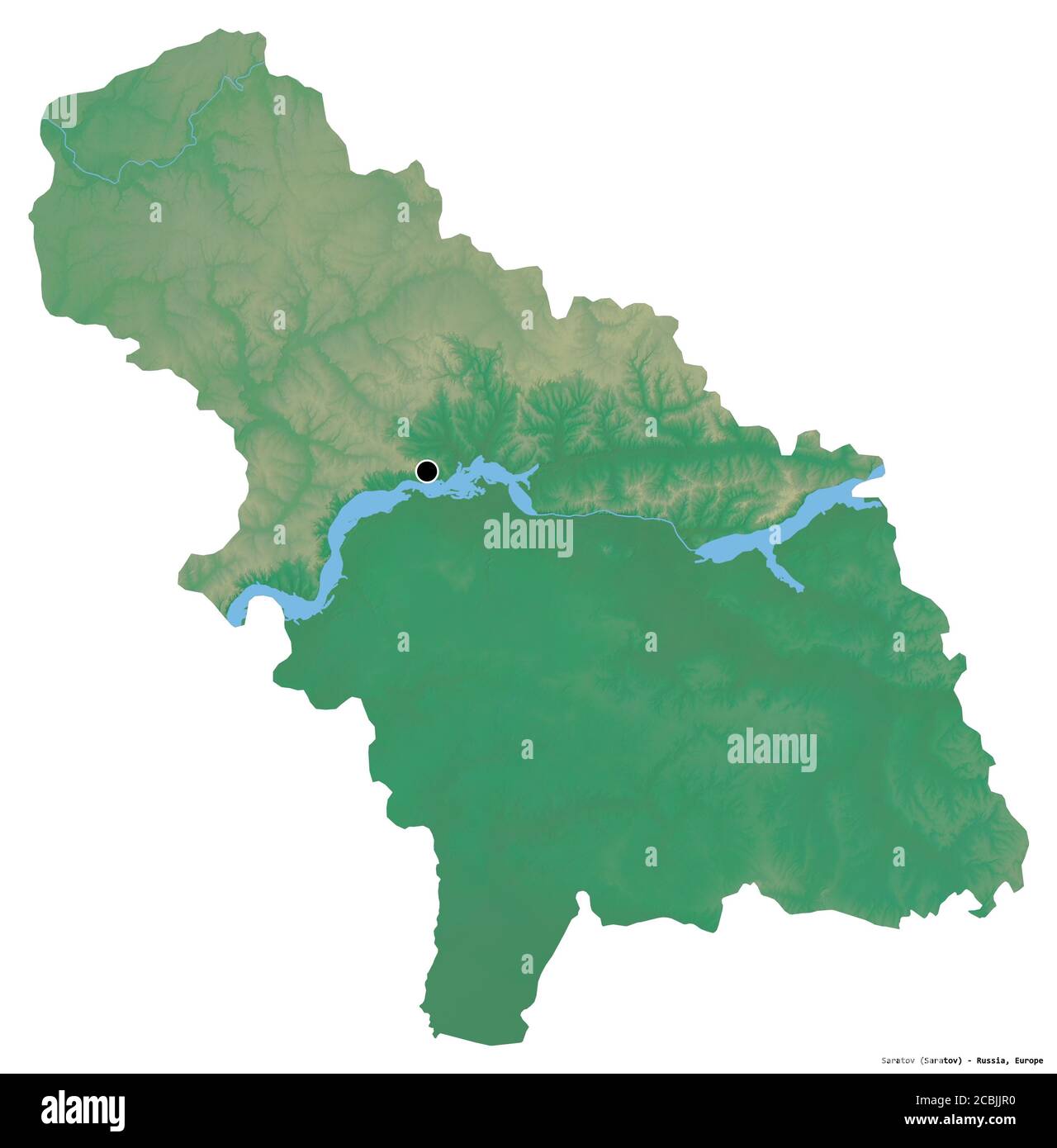 Shape of Saratov, region of Russia, with its capital isolated on white ...