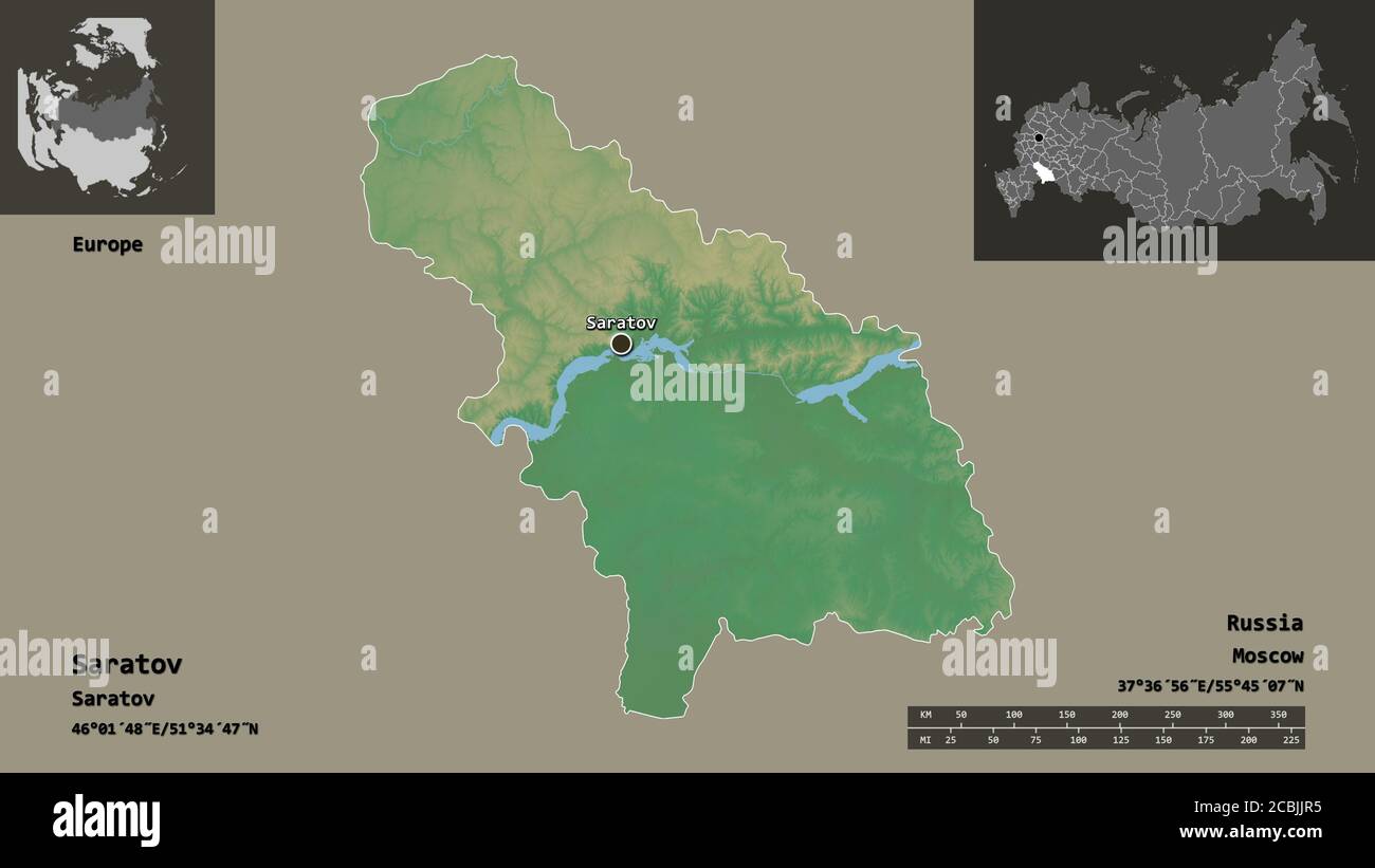 Shape of Saratov, region of Russia, and its capital. Distance scale ...