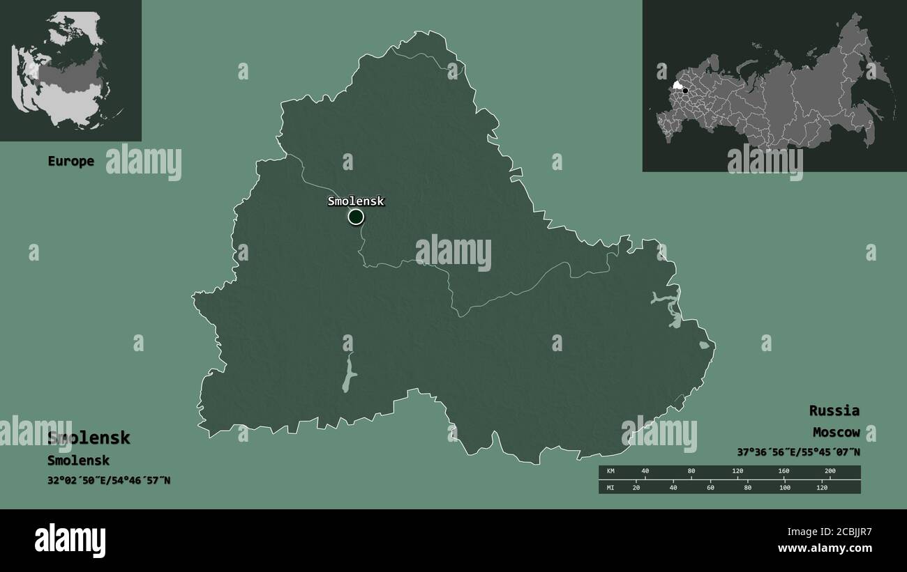 Shape of Smolensk, region of Russia, and its capital. Distance scale ...