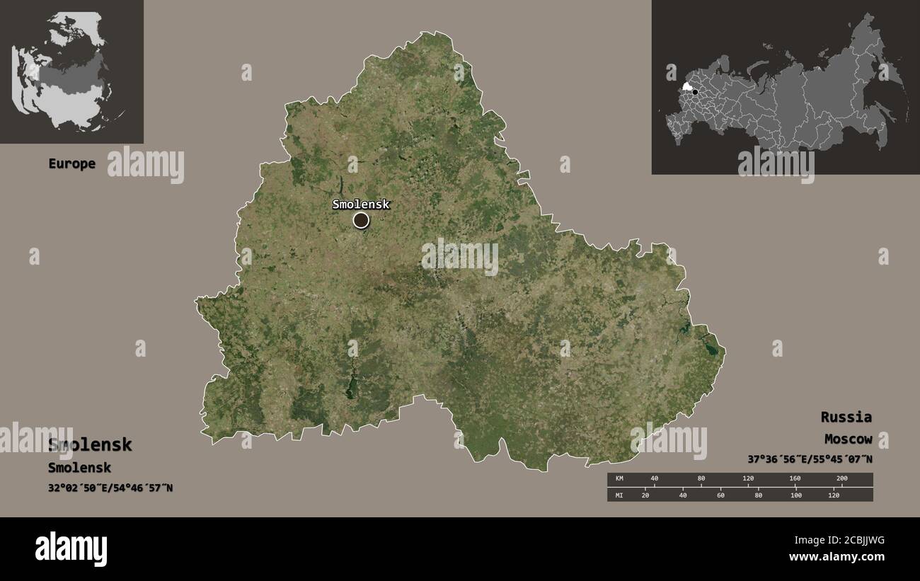 Shape of Smolensk, region of Russia, and its capital. Distance scale ...
