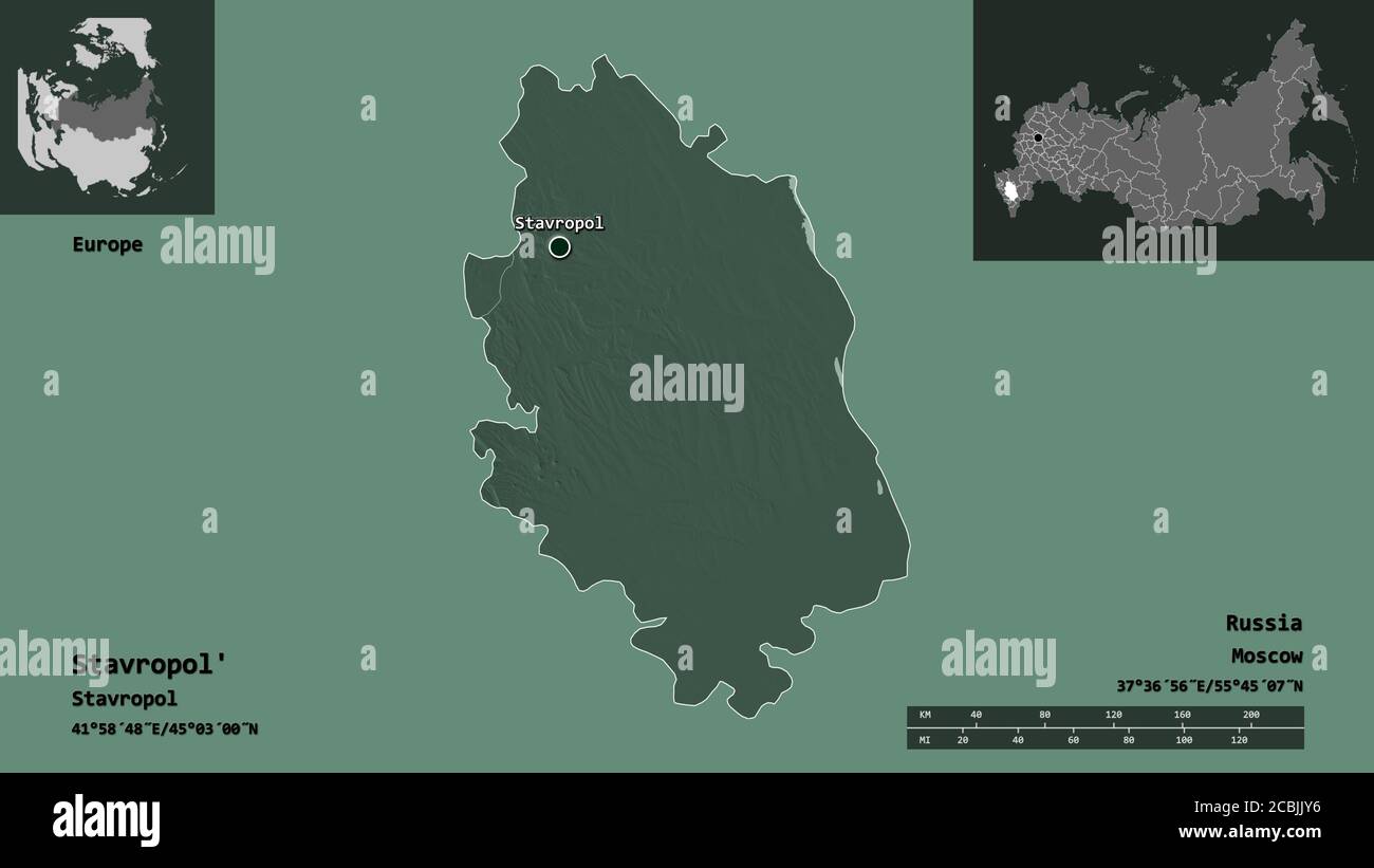 Shape of Stavropol', territory of Russia, and its capital. Distance ...