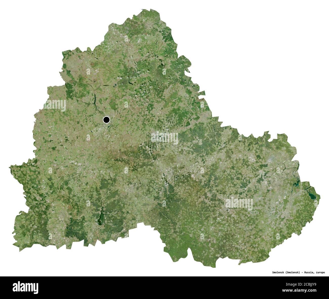 Shape of Smolensk, region of Russia, with its capital isolated on white ...